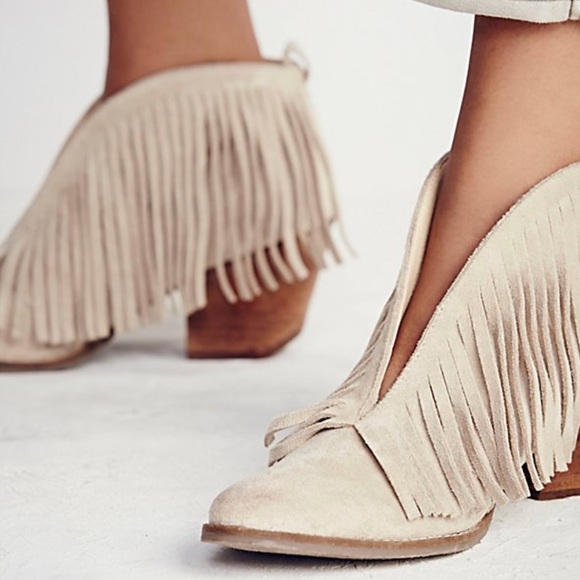 Free People | Shoes | Cream Burnished Distressed Fringe Bootie | Poshmark